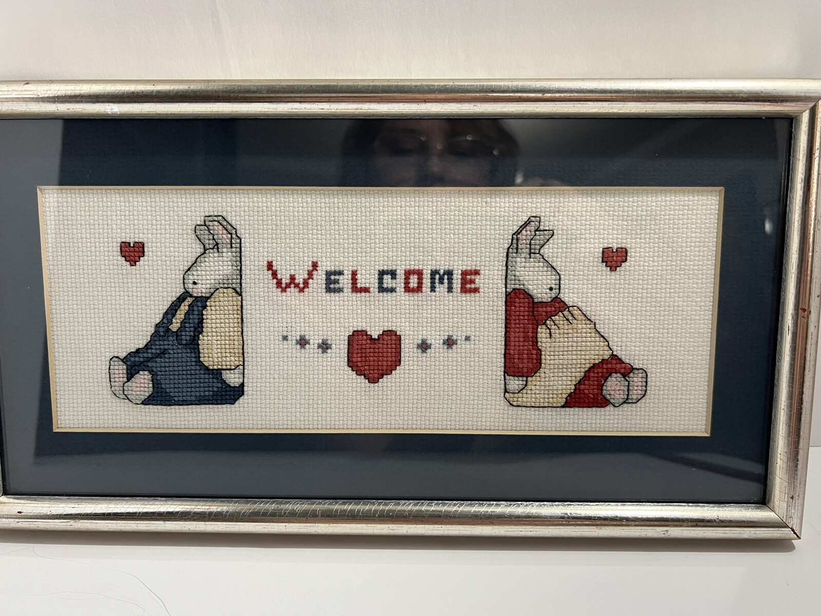 Custom-Framed Cross-stitch Welcome Sign,Country Rabbits-Hearts, 13”x7 ...