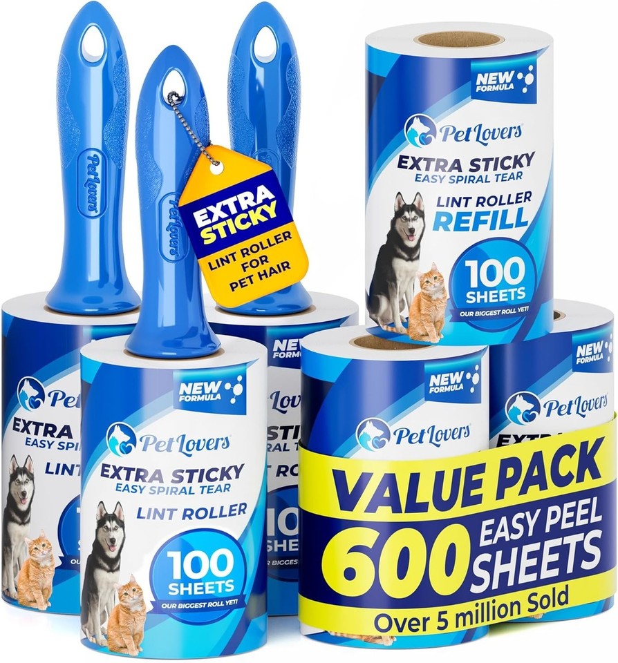 Extra Sticky Pet Hair Lint Roller Set - 600 Sheets for Quick Cleaning ...