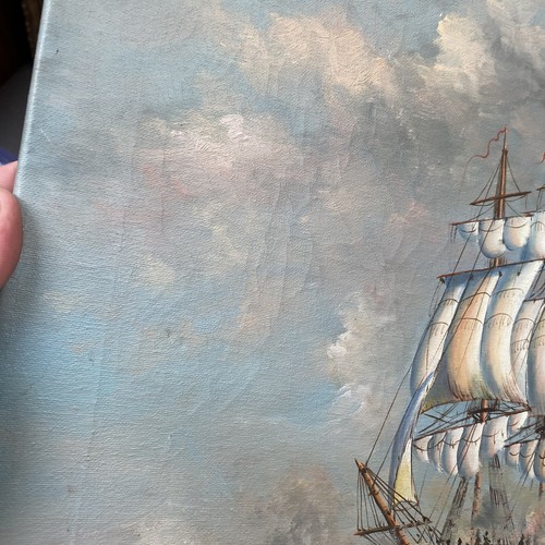Vintage Oil On Canvas Maritime War Painting Ship Being Fired Upon ...