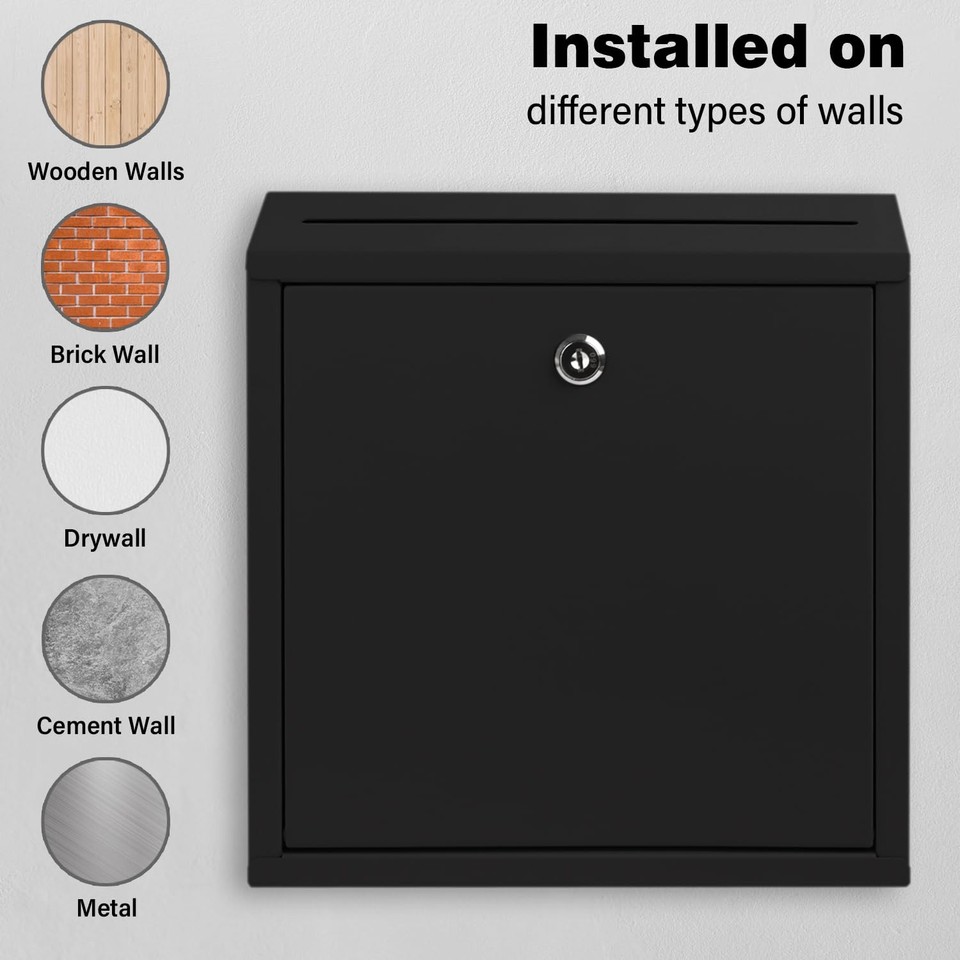 Black 10.4x2.9x11 Inch Wall Mounted Metal Drop Box with Lock 4 Keys ...