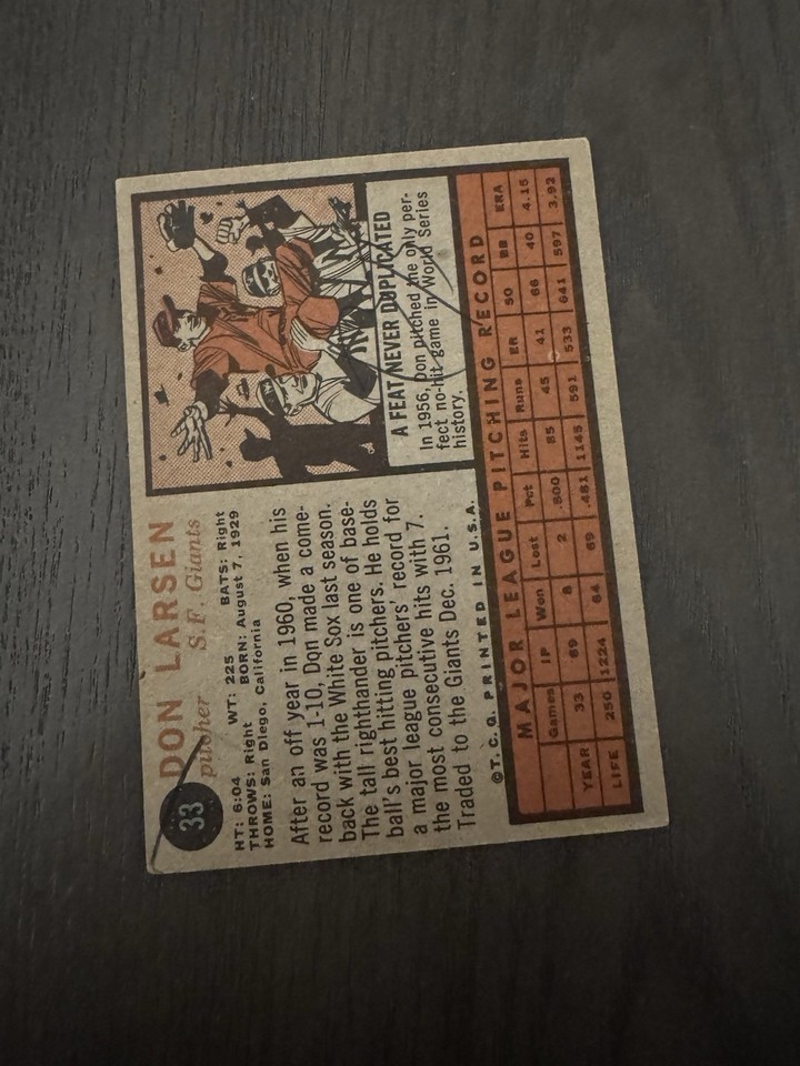 1962 Topps #33 DON LARSEN San Francisco Giants Baseball Card (Read) | eBay