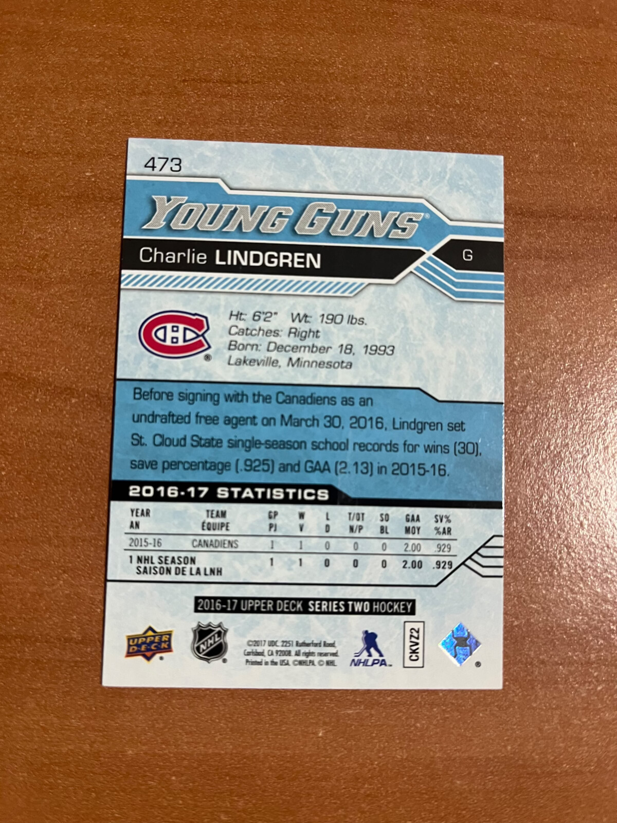 2016-17 Upper Deck Charlie Lindgren Young Guns YG Rookie #473 Canadiens ...