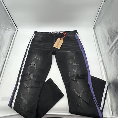 KILOGRAM DISTRESSED STRETCH BLACK DENIM JEANS WITH PAINT STRIPES MEN'S ...