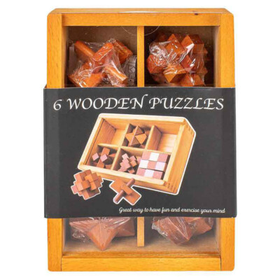 6pc Wooden Puzzle Kids All Ages Puzzle Challenge Brain Teaser Set w/Box ...