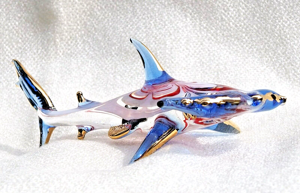Blue Maroon HAMMERHEAD shark figurine handmade blown glass gold trim 4. ...