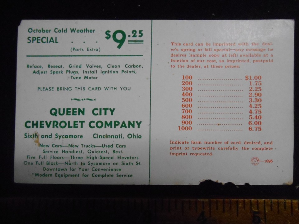 30's-40's VALVOLINE MOTOR OIL CARD, CHANGE OIL NOW, QUEEN CITY ...