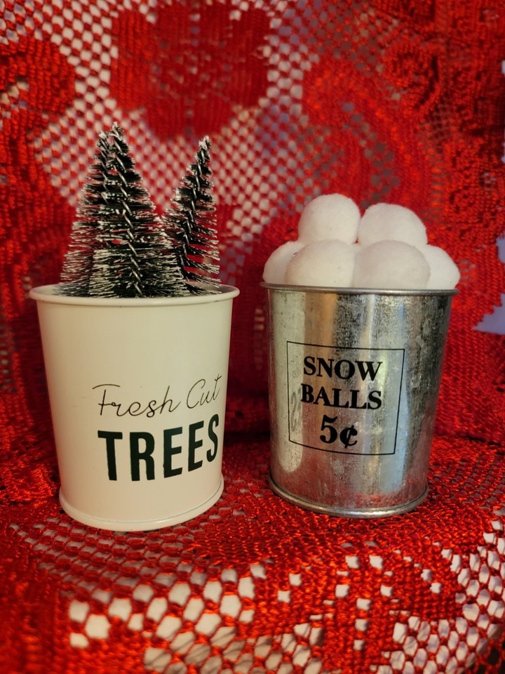 Christmas Decor Mini Tin Buckets Pails w/ Trees & Snowballs Cute! 4 ...