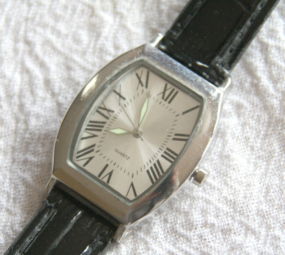 SKC womens watch silver stainless oblong black leather band | eBay