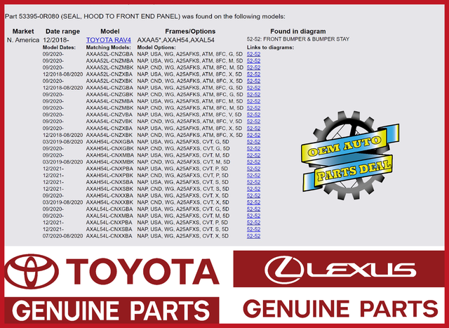 5339542080 Genuine Toyota Seal Hood to FR End 53395-42080 for sale ...