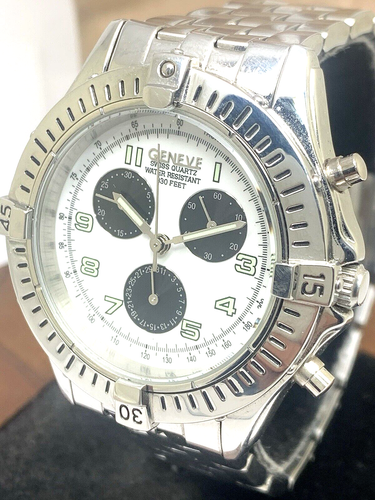 Geneve Men's Watch Swiss Quartz Chronograph Panda Dial Stainless Steel ...