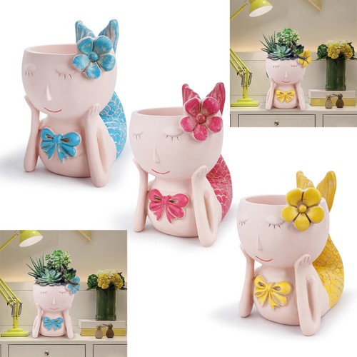 Mermaid Head Sculpture Flower Plant Pot Resin Planter Craft Vase ...