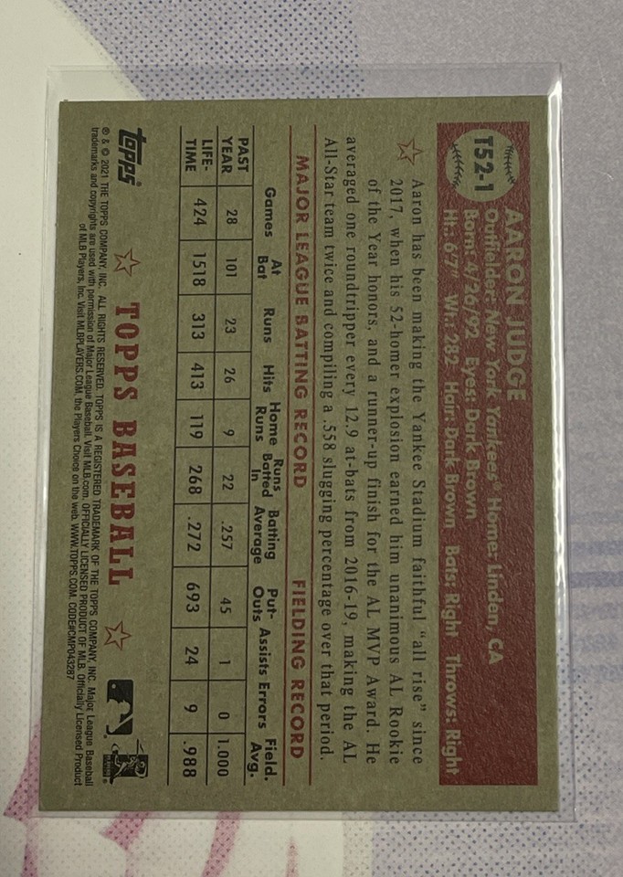 Aaron Judge 2021 Topps 1952 Redux Insert T52-1 Yankees Superstar Future ...