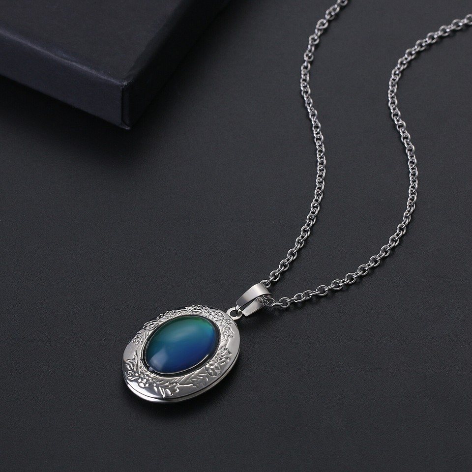 Women Color Changing Mood Ring Mood Necklace Locket Pendant Chain ...