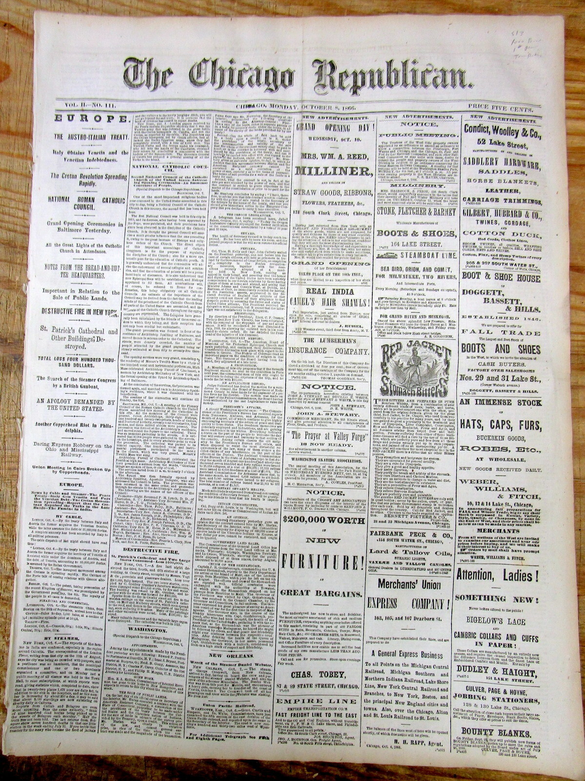 5 original pre Chicago Fire 1866-68 Chicago Daily Republican newspapers ...
