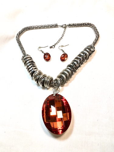 Orange Faceted Medallion Statement Necklace And Pierced Earrings | eBay