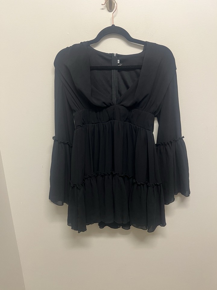 Black Mini Gothic Witchy Morticia Vamp Emo Whimsigoth Long Sleeve Dress ...