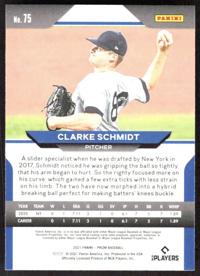 2021 6455A Panini Prizm Clarke Schmidt Rookie New York Yankees #75 | eBay