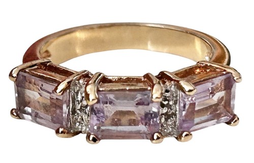 Gold Plated Emerald Cut Amethyst Genuine Natural Diamond Chip Ring Size ...