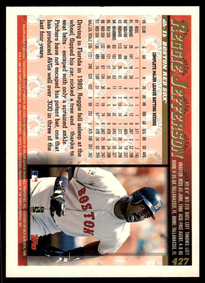 1998 Topps Baseball Card Reggie Jefferson po Boston Red Sox #427 | eBay