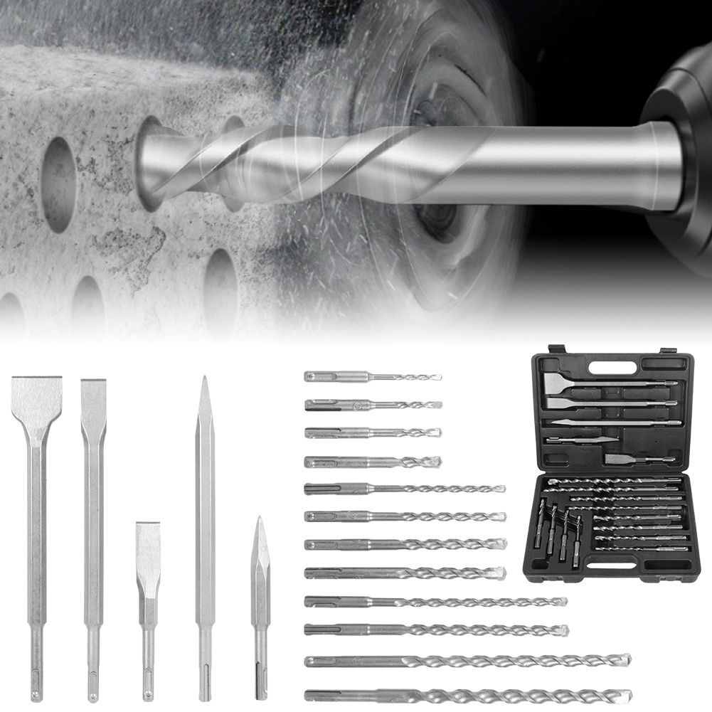 17Pcs SDS Plus Rotary Hammer Drill & Chisel Bit Set Masonry Concrete ...