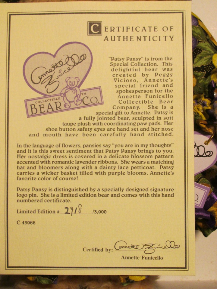 VINTAGE NEW ANNETTE FUNICELLO PATSY PANSY BEAR 11 INCH | eBay