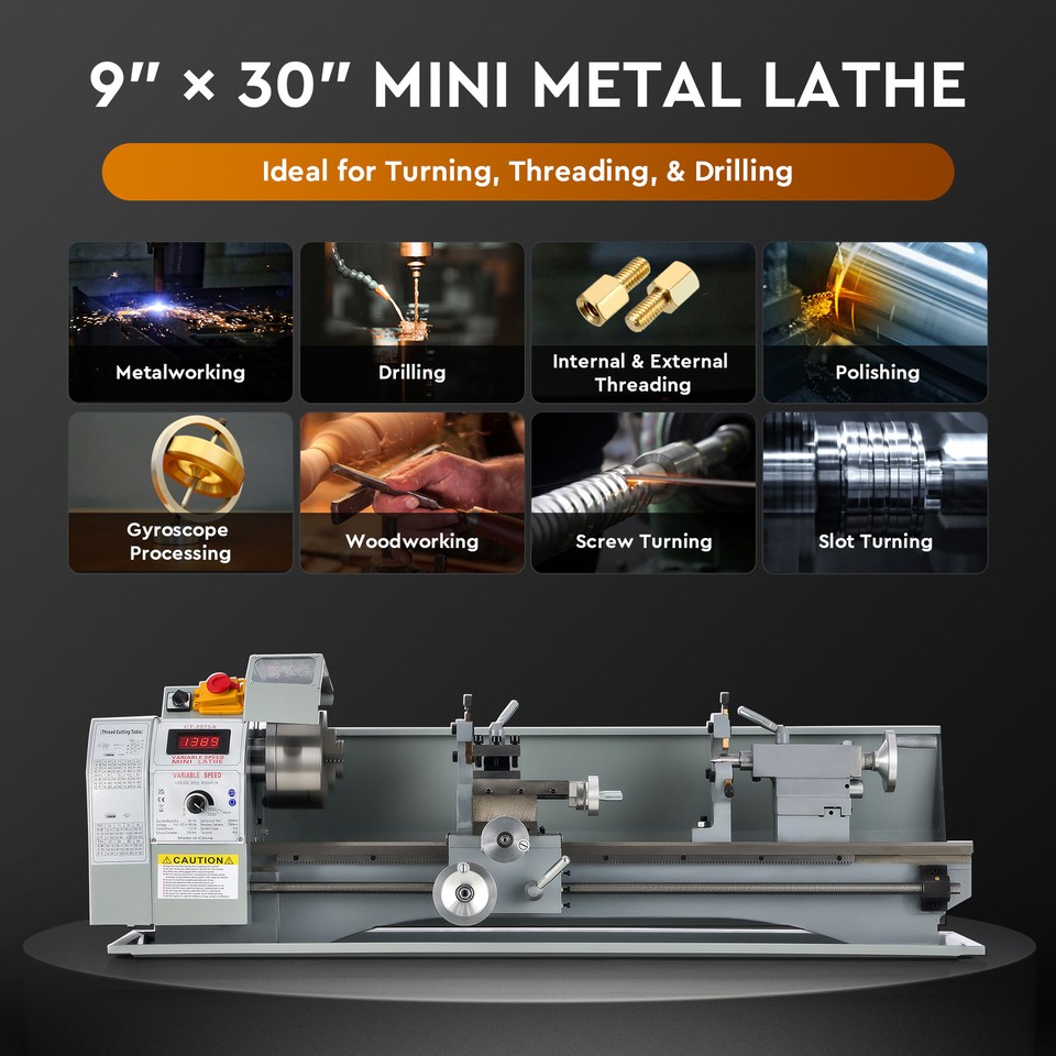 9x30" Mini Metal Lathe 1100W DC Motor 3-Jaw Chuck LCD Display ...