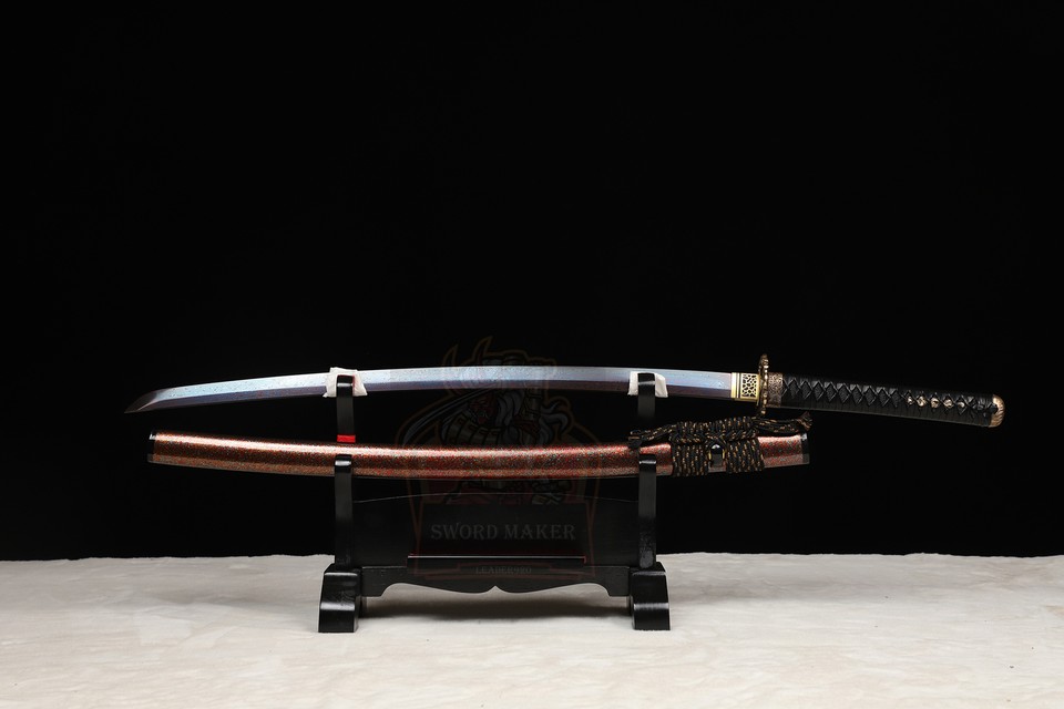 Damascus Folded Steel Japanese Samurai Sword Dragon Tsuba Katana Red ...