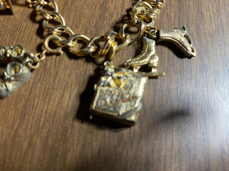 Vintage MONET Gold Tone Dangle Charm Owl Book Shoe Angel Skates ...