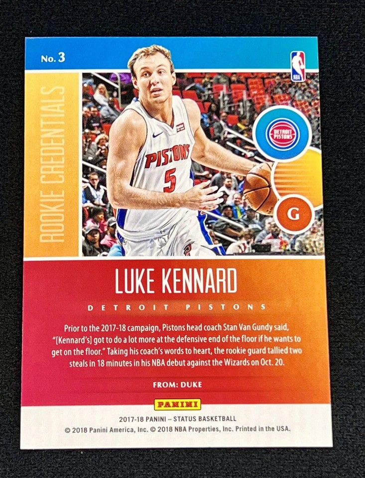 2017-18 Status Rookie Credentials Luke Kennard Pistons #3 NBA RC Insert ...