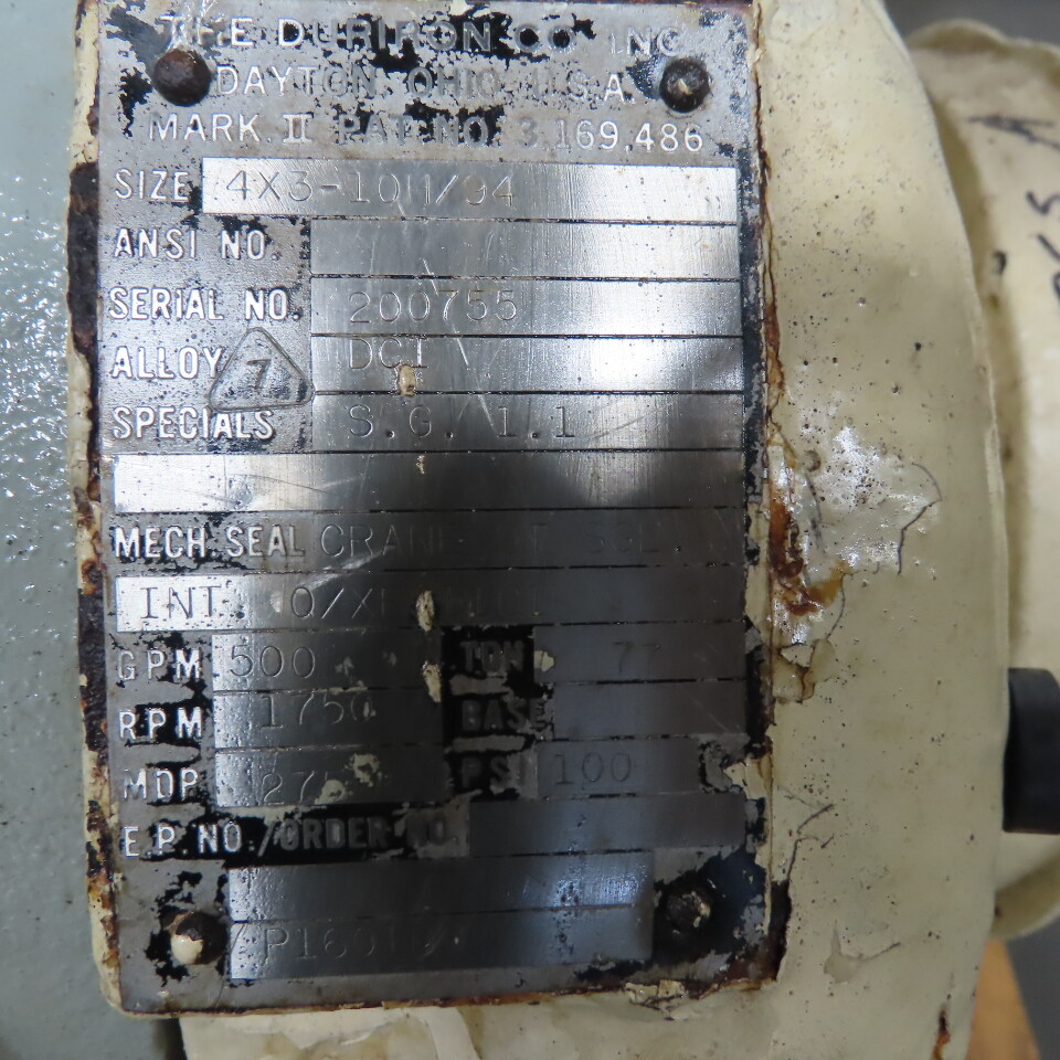 Duriron 4x3-10H/94 20Hp 230/460V 3Ph 1755RPM 500GPM 77Hd/Ft Pump ...