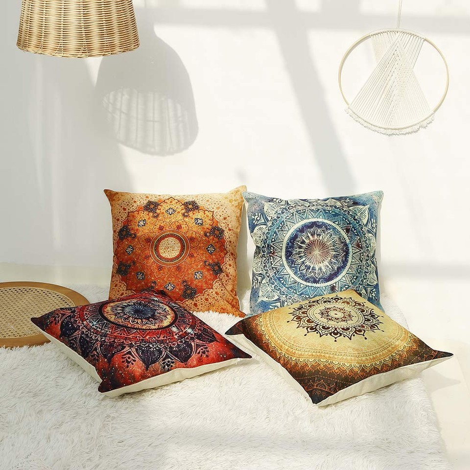 Set of 4 Retro Floral Mandala Compass Medallion Bohemian Pillow Covers ...