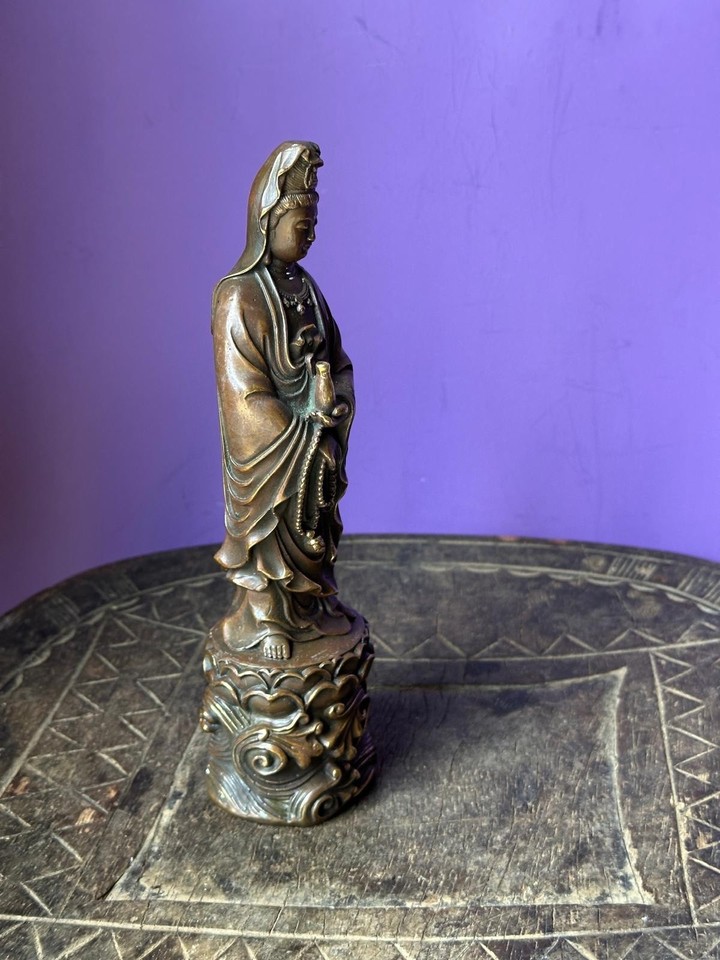 Vintage Chinese Bronze Standing Guan Yin Statue – Wave Base & Mark 8 ...
