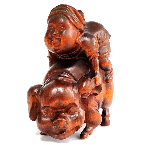 Asian old Hand Carved Japanese Boxwood Netsuke Lovely Kid Taxi Pig ...