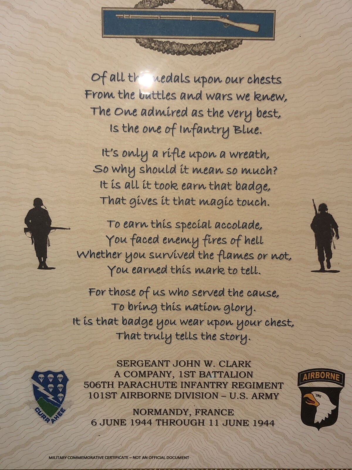 COMBAT INFANTRYMAN BADGE-PERSONALIZED POEM PRINT CERTIFICATE w/Free ...