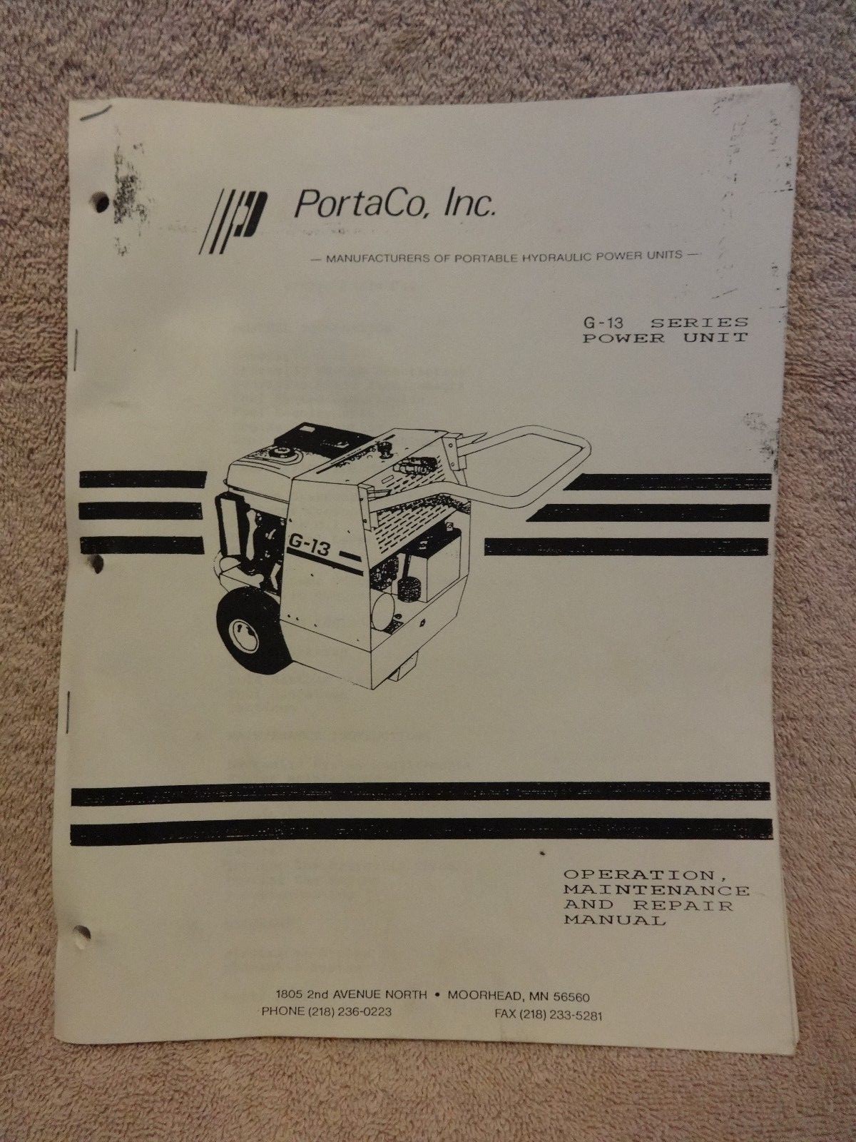 PORTACO, PORTABLE HYDRAULIC POWER UNIT OPERATION ,MAINT,& REPAIR MANUAL ...