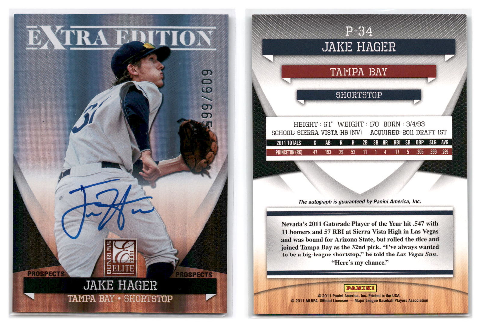 2011 Donruss Elite Extra Prospects Auto P-34 Jake Hager /665 Rays | eBay