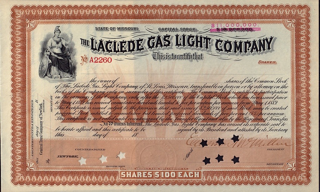 DOW JONES DOZEN 1896 : THE LACLEDE GAS LIGHT COMPANY blank / not issued ...