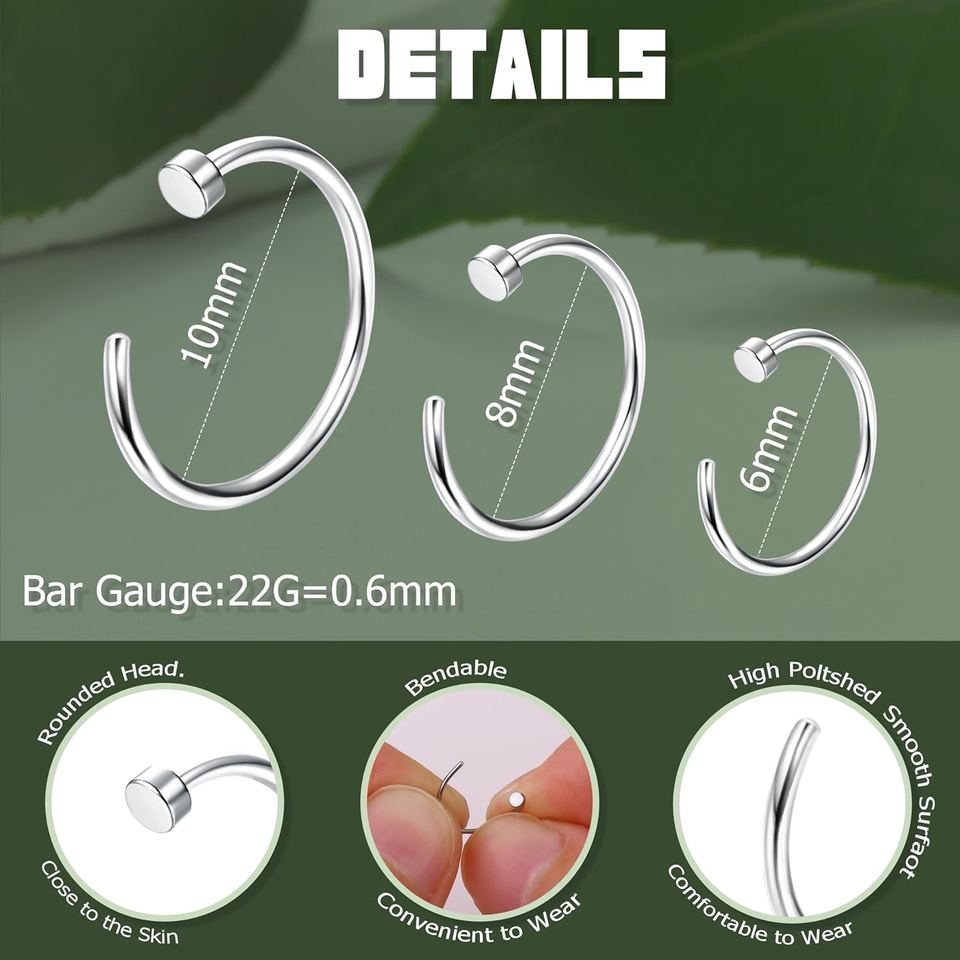 22G Surgical Steel Nose Rings Hoop for Men Women C-Shape Flat Disc Thin ...