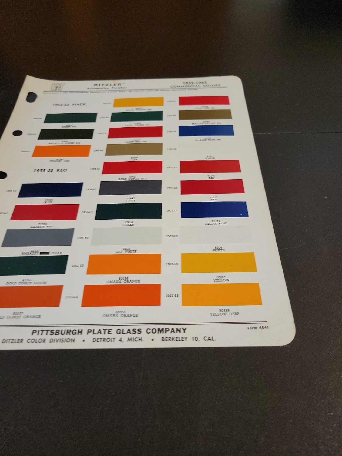 1952-1963 DITZLER PPG COMMERCIAL COLORS MACK REO PAINT CHIP SWATCH ...