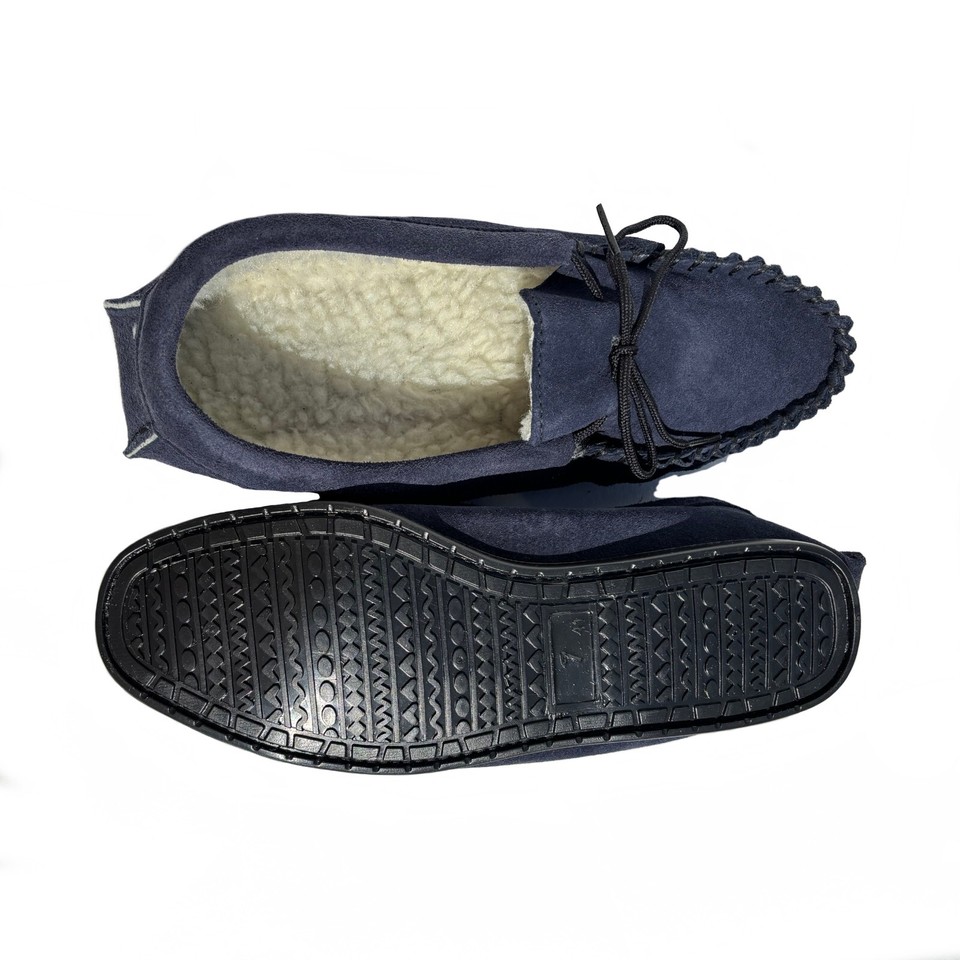 Mens Moccasin Slippers Navy Blue Hard Sole Real Suede Warm Lining ...