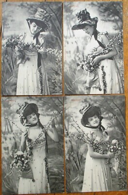 Spring/Printemps 1908 SET OF FOUR French Fantasy Postcards, Woman w ...