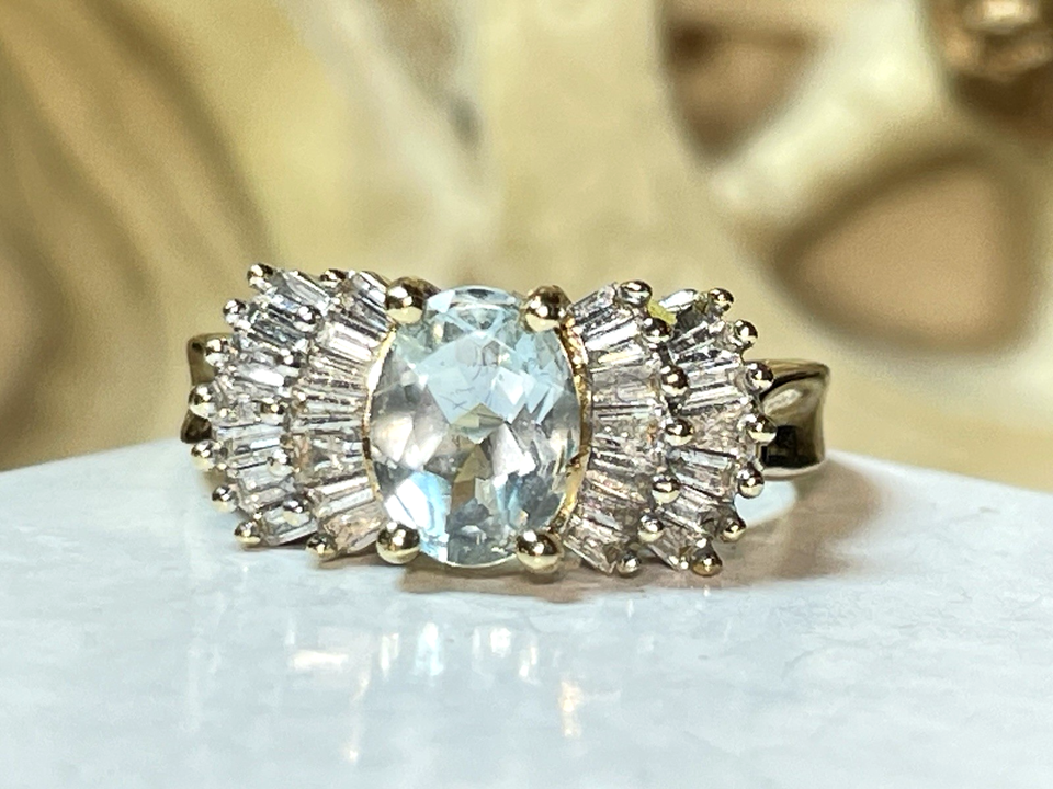 14K GOLD AQUAMARINE DIAMOND RING 4.6 GRAMS NATURAL GEMSTONE SIZE 7 | eBay