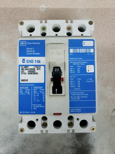Cutler Hammer EHD3020 20 Amp 480 VAC 3 Pole 14kA Circuit Breaker | eBay