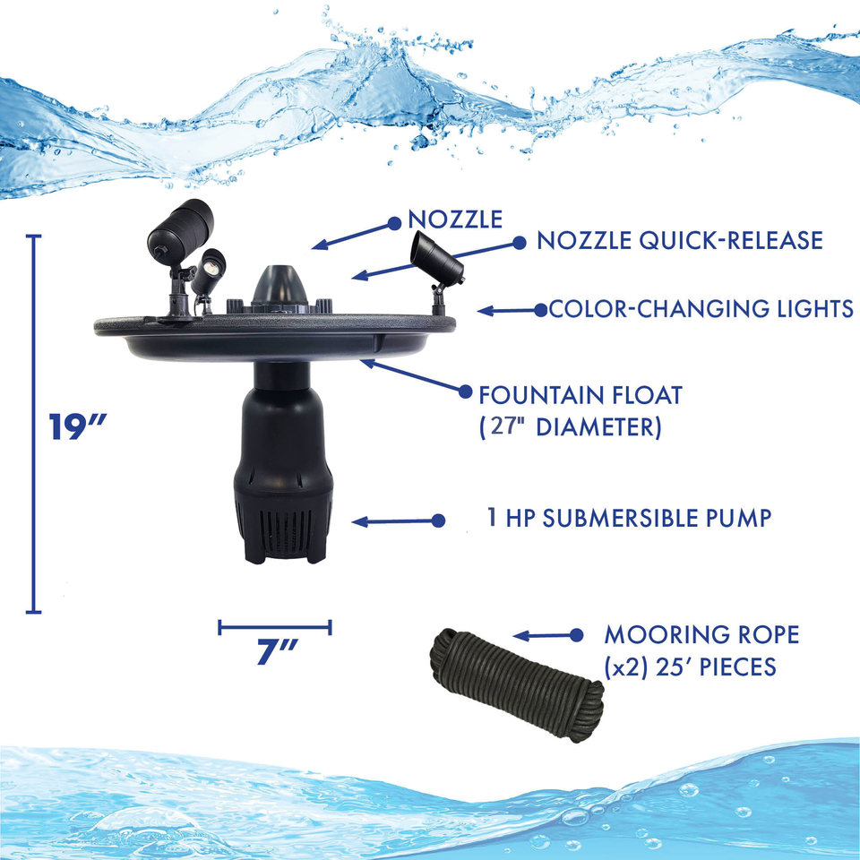 Aerating Pond Fountain, 1 HP, 15,000 GPH, Color LED Lights, 100' Cord ...