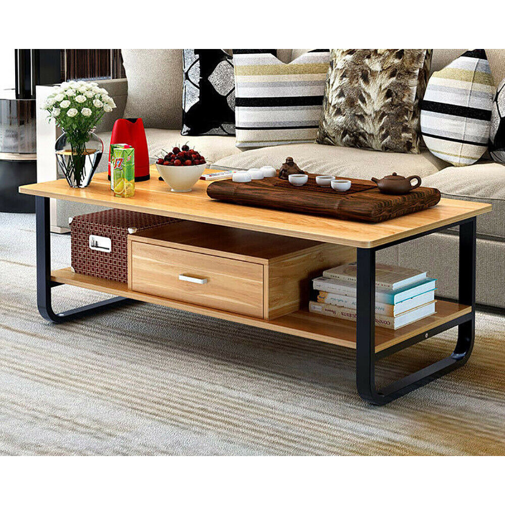 Zensa Coffee Table Drawer Wood & Steel Large Centre Black/White Oak ...