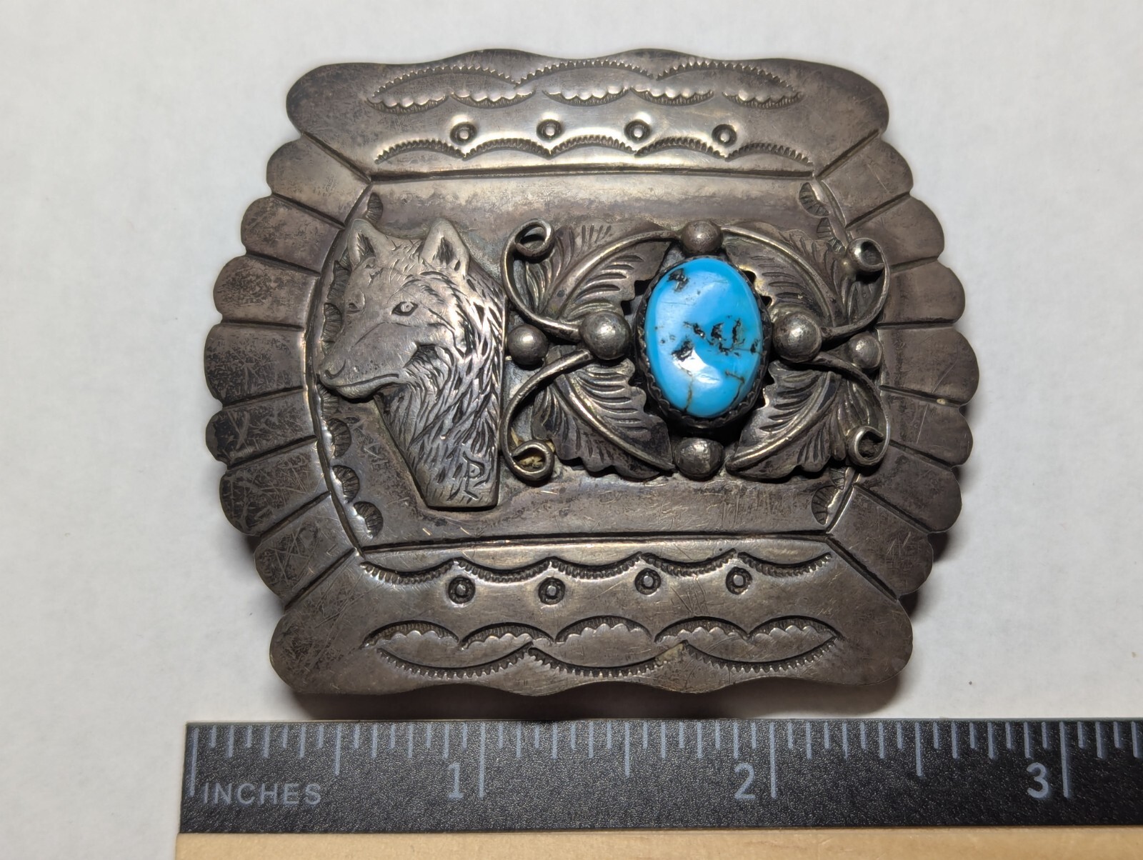 NAVAJO GARY JOHNSON .925 STERLING SILVER TURQUOISE WOLF BELT BUCKLE WAS ...