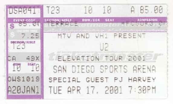 U2 & PJ Harvey 4/17/01 San Diego Sports Arena Concert Rare Ticket Stub ...