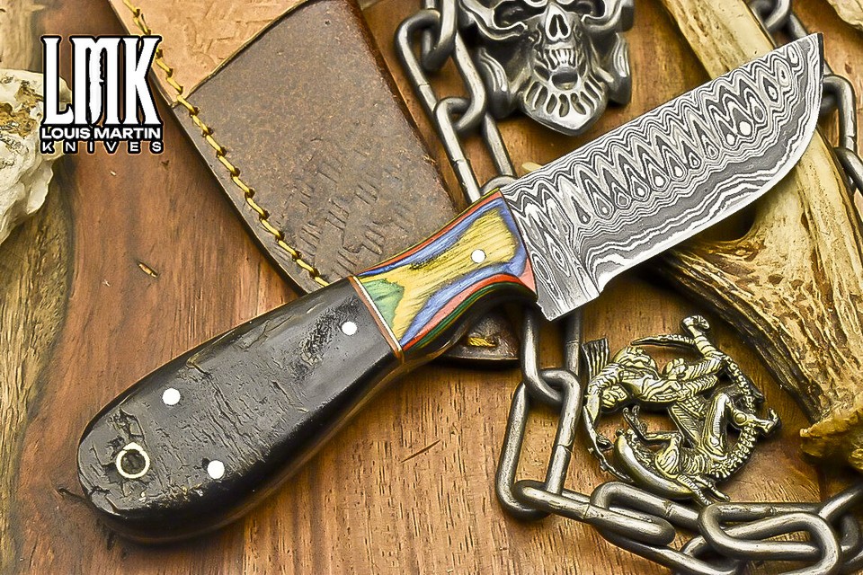 LMK Hand Forged Knife USA Skinner Knife Ladder Damascus Ram's Horn ...