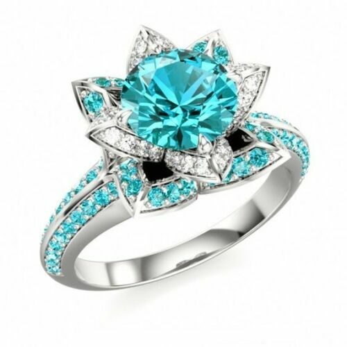 2.50CT Blue & White Round CZ Flower Shape Engagement Ring In Argentium ...