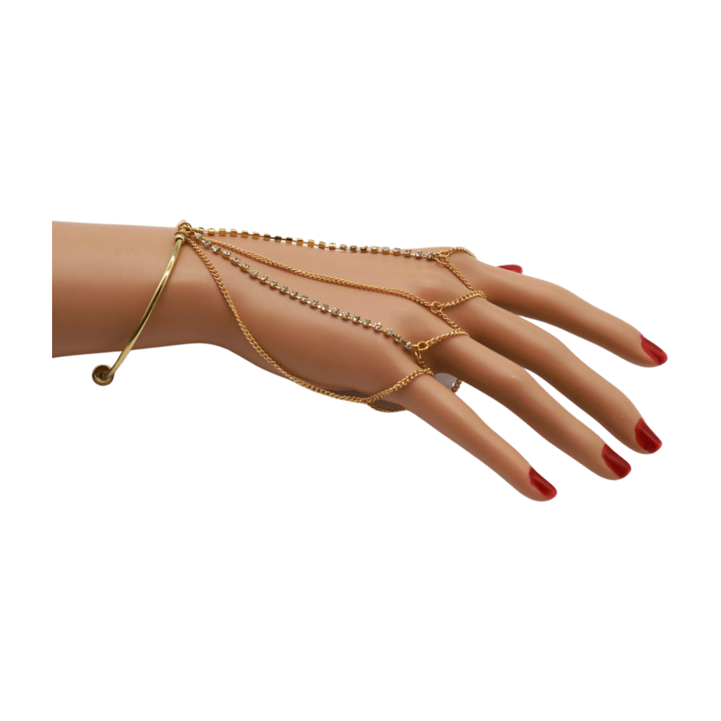 Women Gold Metal Cuff Bracelet Hand Chain Bling Ring 4 Fingers ...